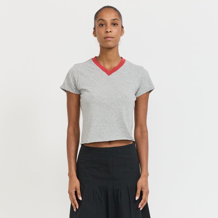 Bassike Contrast V-Neck Baby T-Shirt Grey Marle/Heritage Red | Maplestore