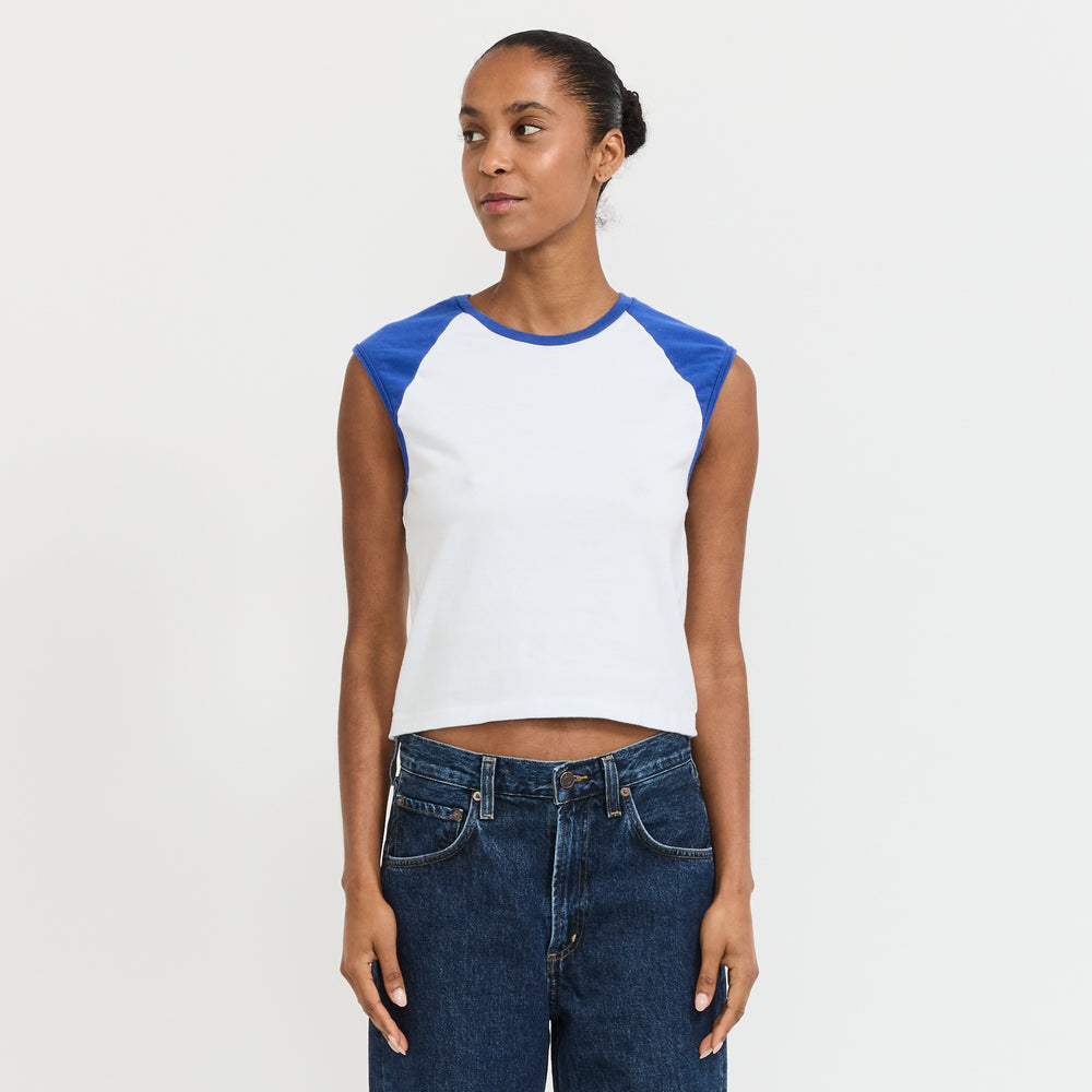 Bassike Slim Raglan Rib Tank White/Cobalt | Maplestore