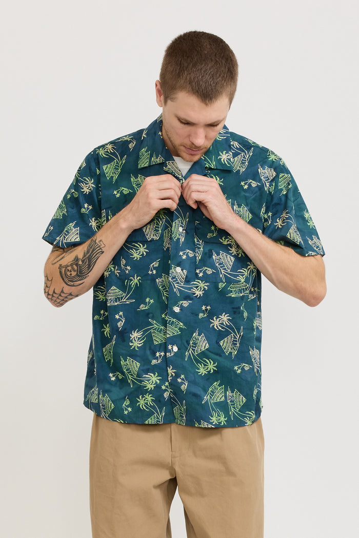 Beams Plus Open Collar Batik Print Shirt Green | Maplestore