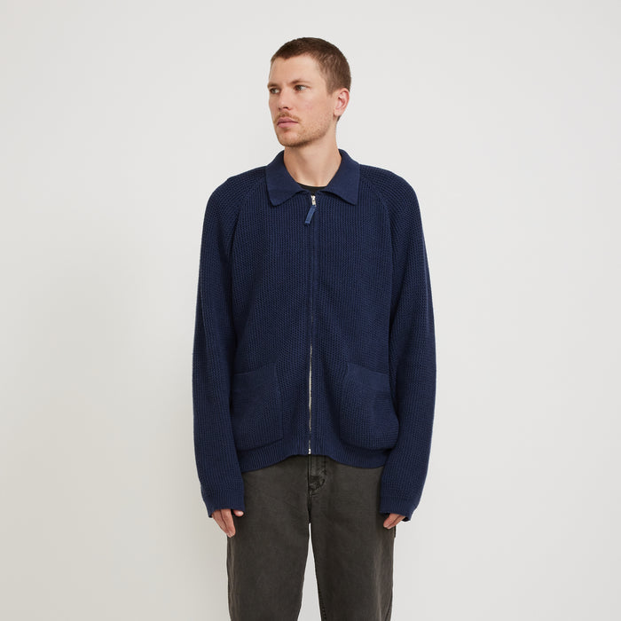 Universal Works Zip Up Knit Eco Cotton Rack Stitch Indigo | Maplestore